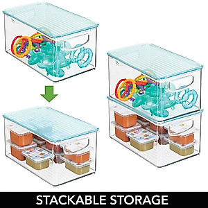 mDesign Plastic Baby Storage Bin Box Organizer Container with Lid/Handles for Organizing Playroom, Nursery, Dresser - Holds Diapers, Baby Clothes, Wipes, Toys, Ligne Collection, 2 Pack, Clear/Blue