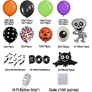 CboDeco 137pcs Halloween Balloon Garland Arch Kit with Black Orange Purple Green Pumpkin Confetti Balloons Skull Bat Foil Balloons for Halloween Theme Party Background Classroom Decorations
