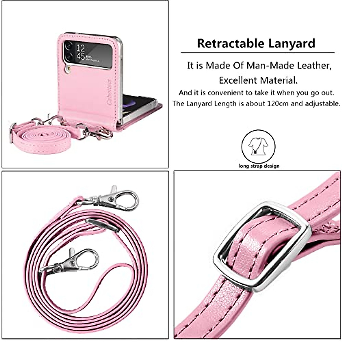 Cabottser Case for Samsung Galaxy Z Flip 3 / Z Flip 4 Wallet Phone Case Lanyard Crossbody, Pink Women Men Soft PU Leather Hard PC Adjustable Strap Card Slots Shockproof Flip Cover for Z Flip 3/4