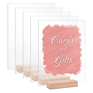 TLunlove Clear Acrylic Sheet with Wood Stand, 8 x 10 inch, 5 Pack Acrylic Wedding Signs Blank with Holder, DIY Acrylic Table Signs, Scratch Resistant, Smooth Edges