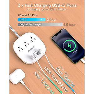 USB C Power Strip, 3 Outlet Multi Plug Outlet Extender, 5 Ft Extension Cord with Multiple Outlet with No Surge Protection