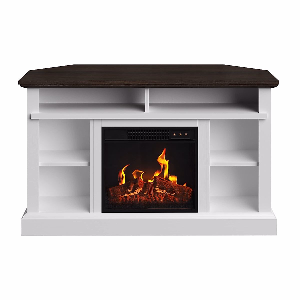 NORTHWEST Corner TV Stand with Electric Fireplace Fits 55-Inch TVs - Console with Storage Cabinet, Remote, Adjustable Heat, and LED Flames (White)