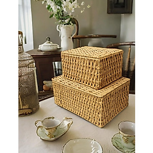 RoyalHouse Woven Stackable Storage Baskets with Lid, Decorative Rope Organizer Bin - Set of 2 (2 Sizes), Beige (No Liner)
