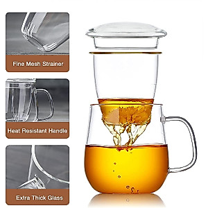TIANXIALAWU 16.9 oz,Glass Tea Infuser Cups with Strainer and Lid,Tea Mugs with Infuser and Lid,Loose Tea Infuser,Hot Tea Diffuser Cup, (glass cover)，Glass Tea Cups
