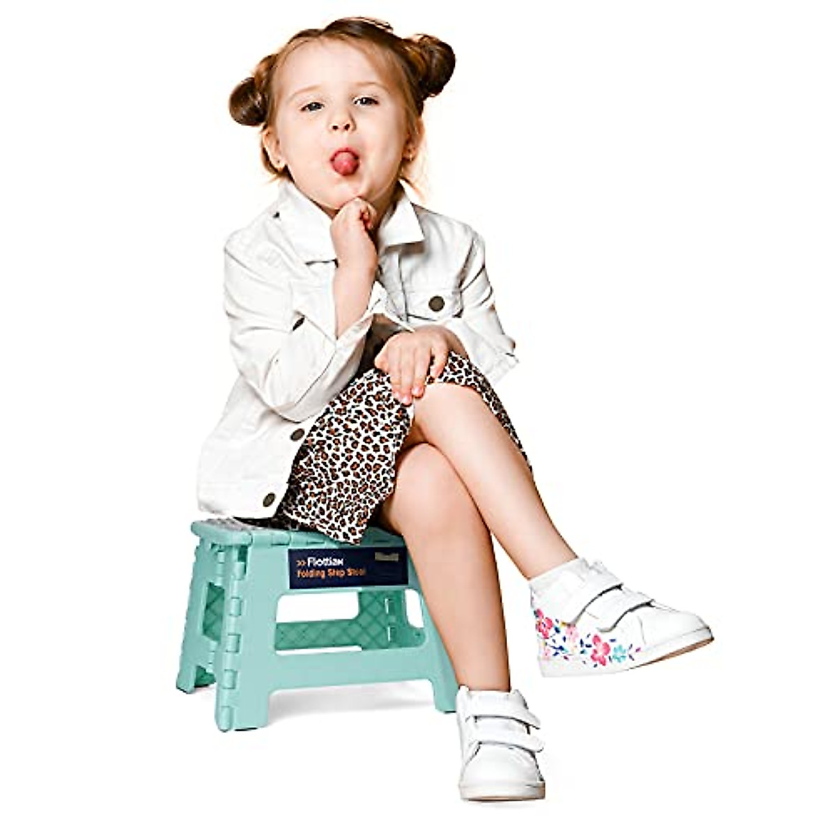 Flottian 9" Folding Step Stool for Adults and Kids Holds Up to 300 lbs,Non-Slip Folding Stools with Portable Handle, Compact Plastic Foldable Step Stool for Bathroom,Bedroom, Kitchen Teal