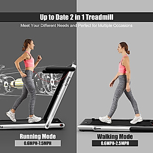 Goplus 2 in 1 Folding Treadmill, 2.25HP Under Desk Electric, Installation-Free, with Bluetooth Speaker, Remote Control and LED Display, Walking Jogging Machine for Home/Office Use (Silver)