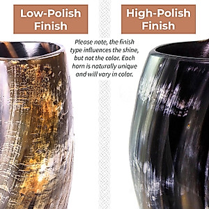 Norse Tradesman Genuine 12" Ox-Horn Viking Drinking Horn with Antique Brass Rim & Wolf Tip, Brown Leather Belt Holster, Fitted Horn Stand & Burlap Gift Sack - The Fenrir, 12-Inches, Low Polish