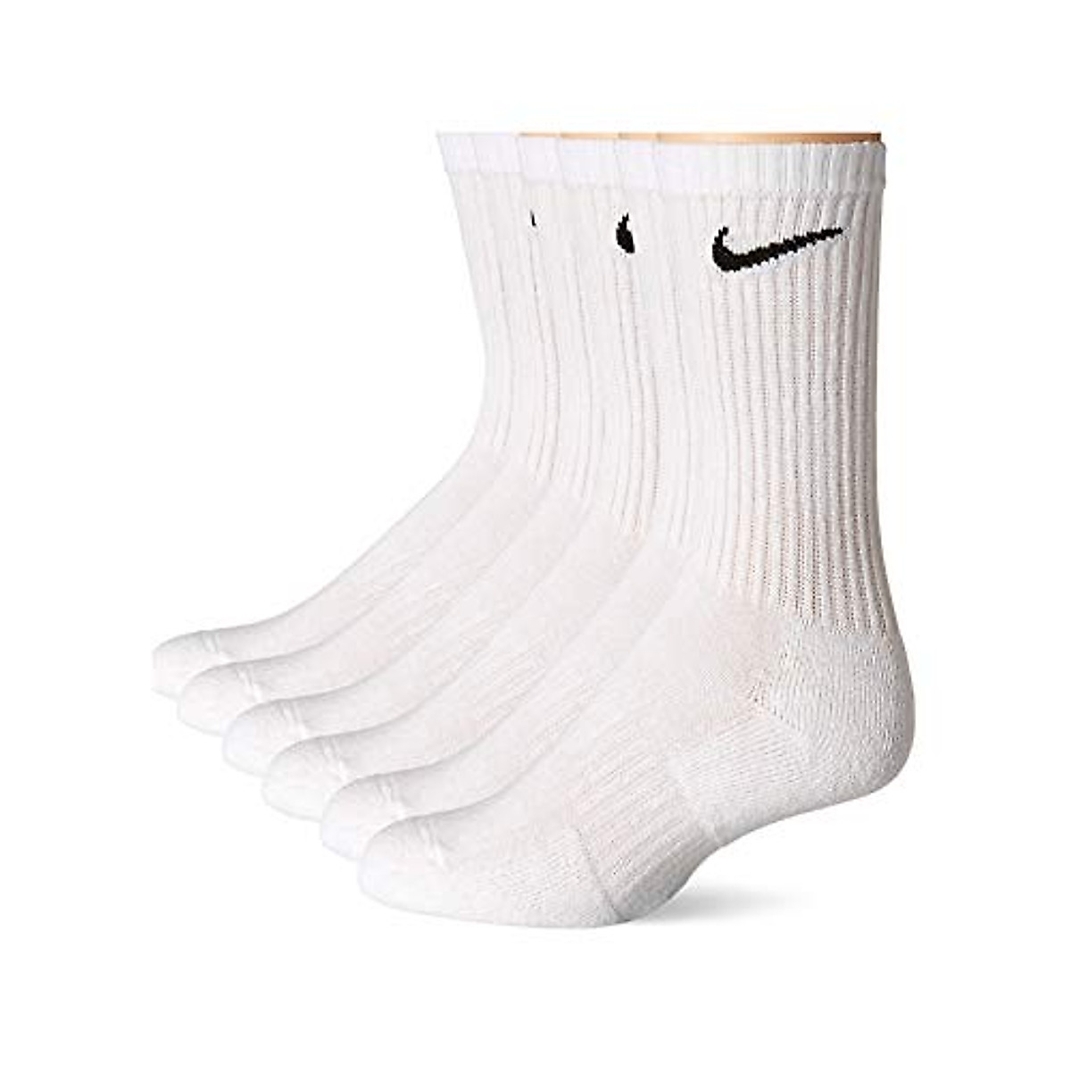 NIKE Dri-Fit Training Cotton Cushioned Crew Socks 6 PAIR White with Black Signature Swoosh Logo) LARGE 8-12