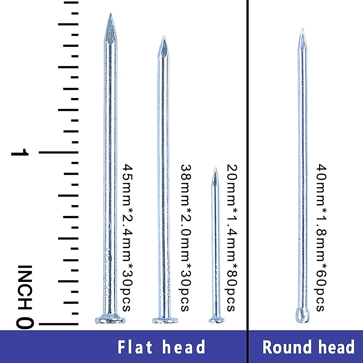 Coceca 200 Pack Hardware Nails for Hanging Pictures, 4 Size Zinc Tiny Nail Assorted Kit, Picture Nail, Small Nails, Finishing Nail, Wall Nails and Galvanized Nails for Wood