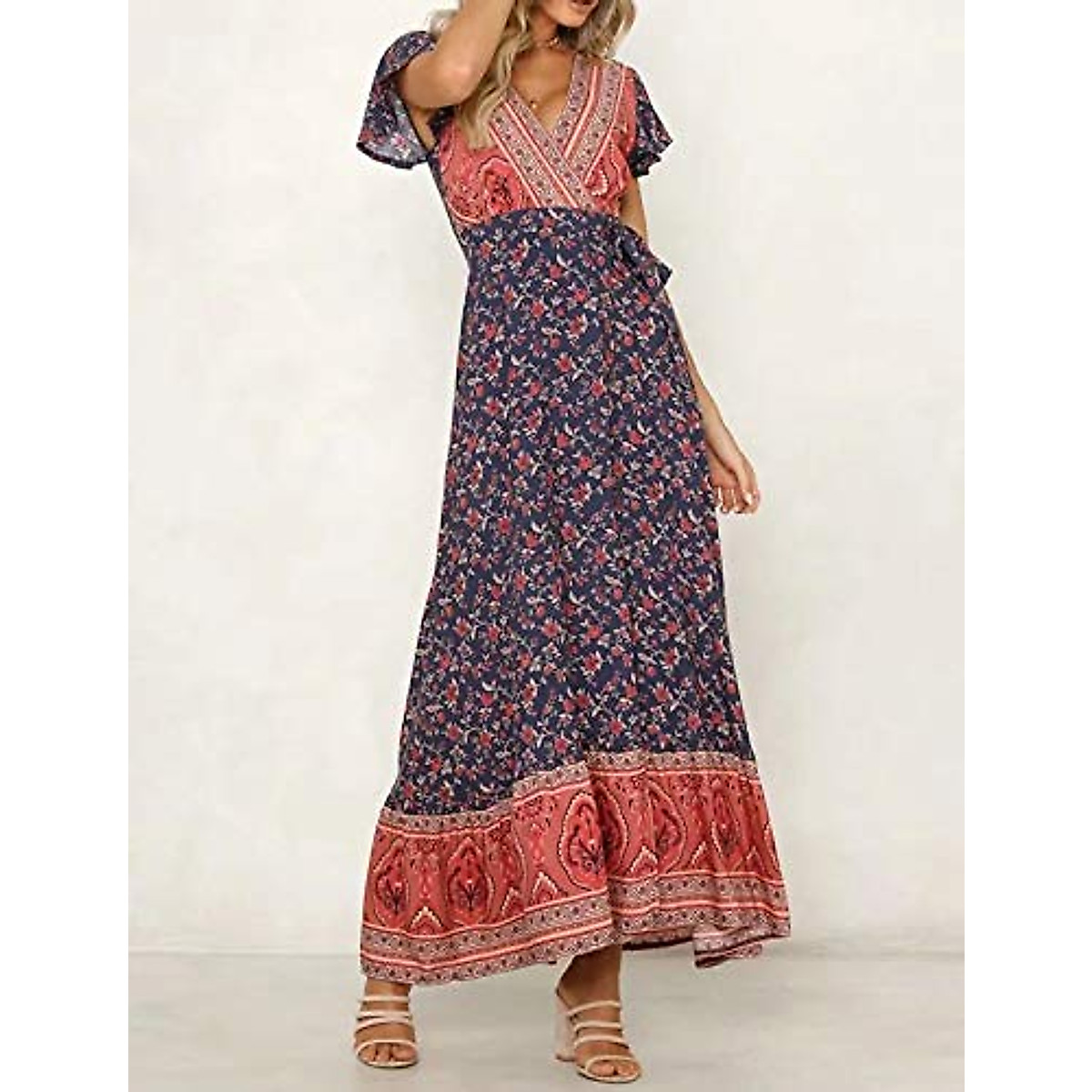 R.Vivimos Women's Summer Short Sleeve Floral Print Bohemian Beach Waist Tie Wrap Long Flowy Dress with Slit (XL, Dark Blue#2)