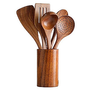 Wooden Spoons for Cooking, Tmkit Cooking Utensils Set of 6 Natural Teak Wooden Cooking Spatulas with Utensils Holder Comfort Grip Wooden Kitchen Utensils for Nonstick Cookware