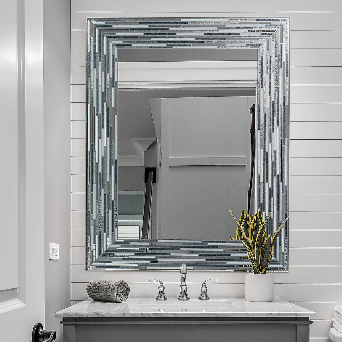 Head West Frameless Reeded Glass Print Gray Modern Wall Mirror - Bathroom Vanity Mirror Decoration with D-Ring Hangers for Vertical & Horizontal Mounting - 24" x 30"