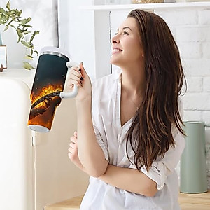 Jihqo Fire Skull Playing Guitar 40 oz Stainless Steel Vacuum Insulated Tumbler with Handle and Straw Lid, Leakproof Water Bottle Double Wall Travel Mug Coffee Cup, Cupholder Friendly