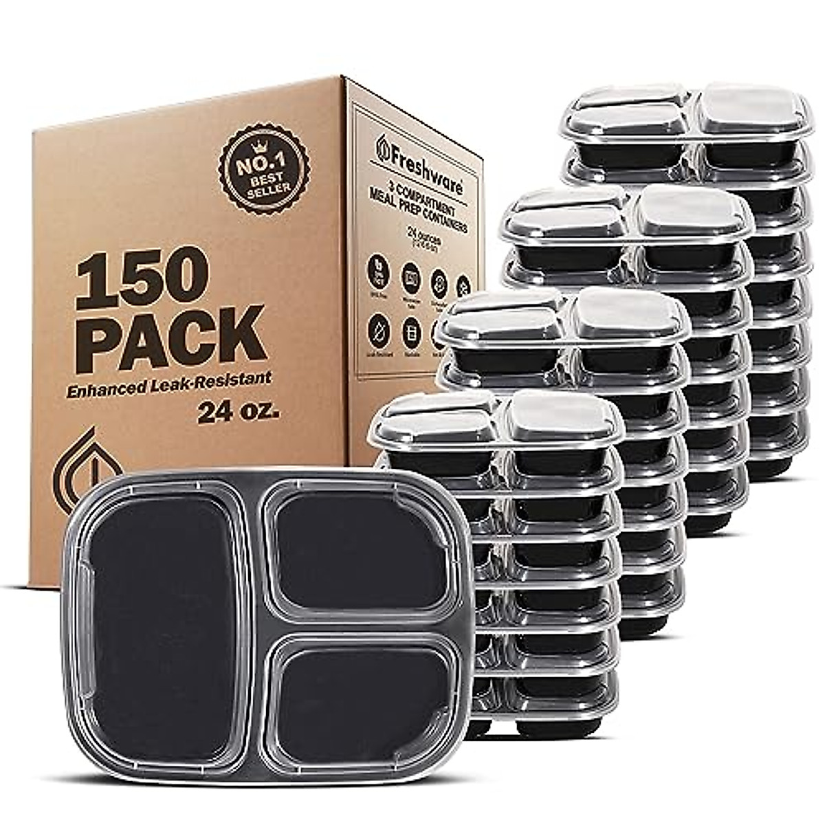 Freshware Meal Prep Containers [150 Pack] 3 Compartment with Lids, Food Storage Containers, Bento Box, BPA Free, Stackable, Microwave/Dishwasher/Freezer Safe (24 oz)