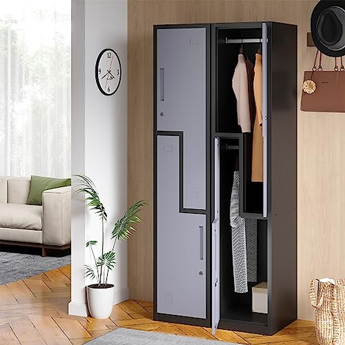 BYNSOE Metal Locker L Shape with 2 Doors Employees Locker Storage Cabinet Locker School Hospital Gym Locker Requires Assembly (Black Grey)