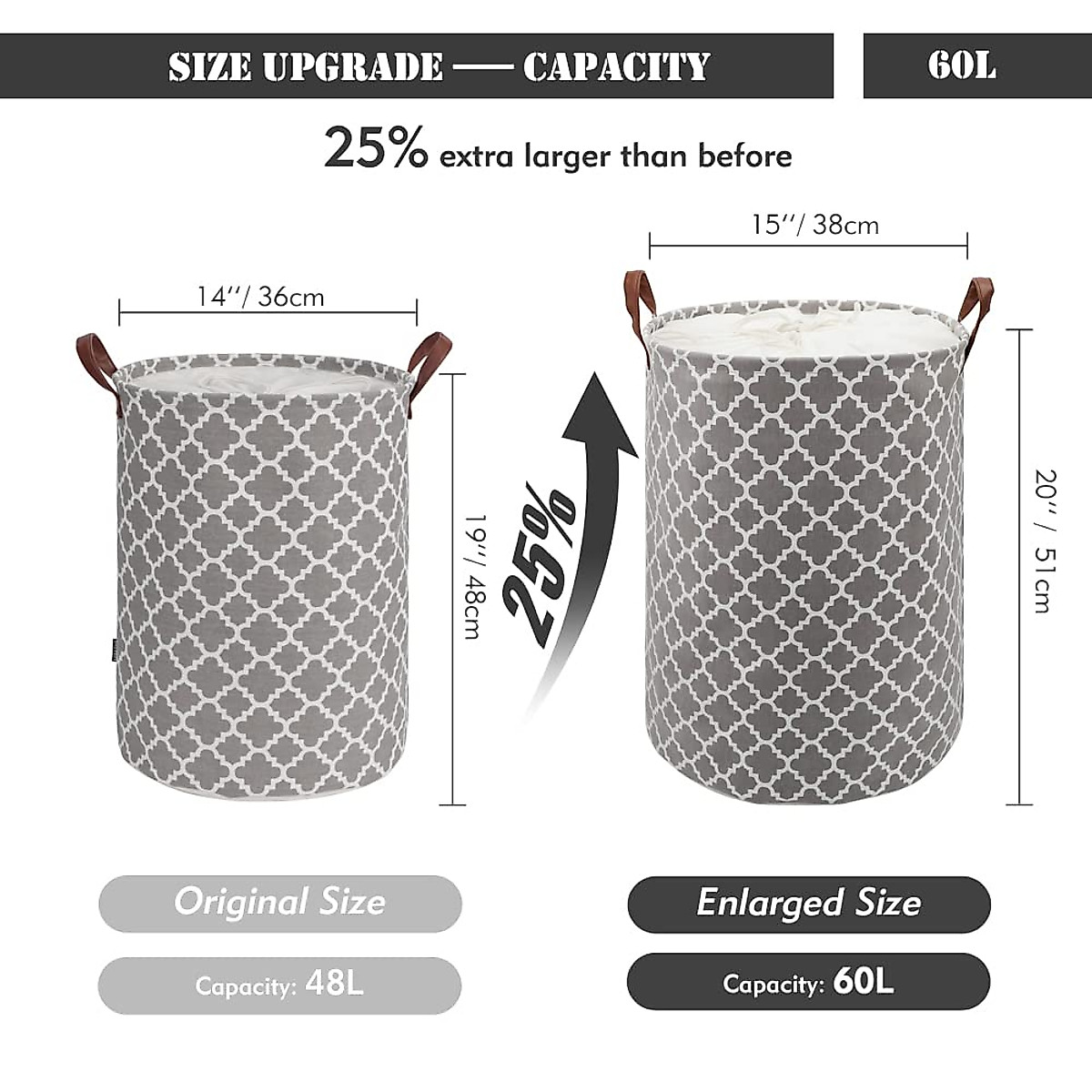 TOTANKI 60L Large Laundry Basket with Durable Leather Handle, Thickened Drawstring Round Collapsible Laundry Hamper, Dirty Clothes Storage Basket for Bedroom, Bathroom, College Dorm (Grey, L)