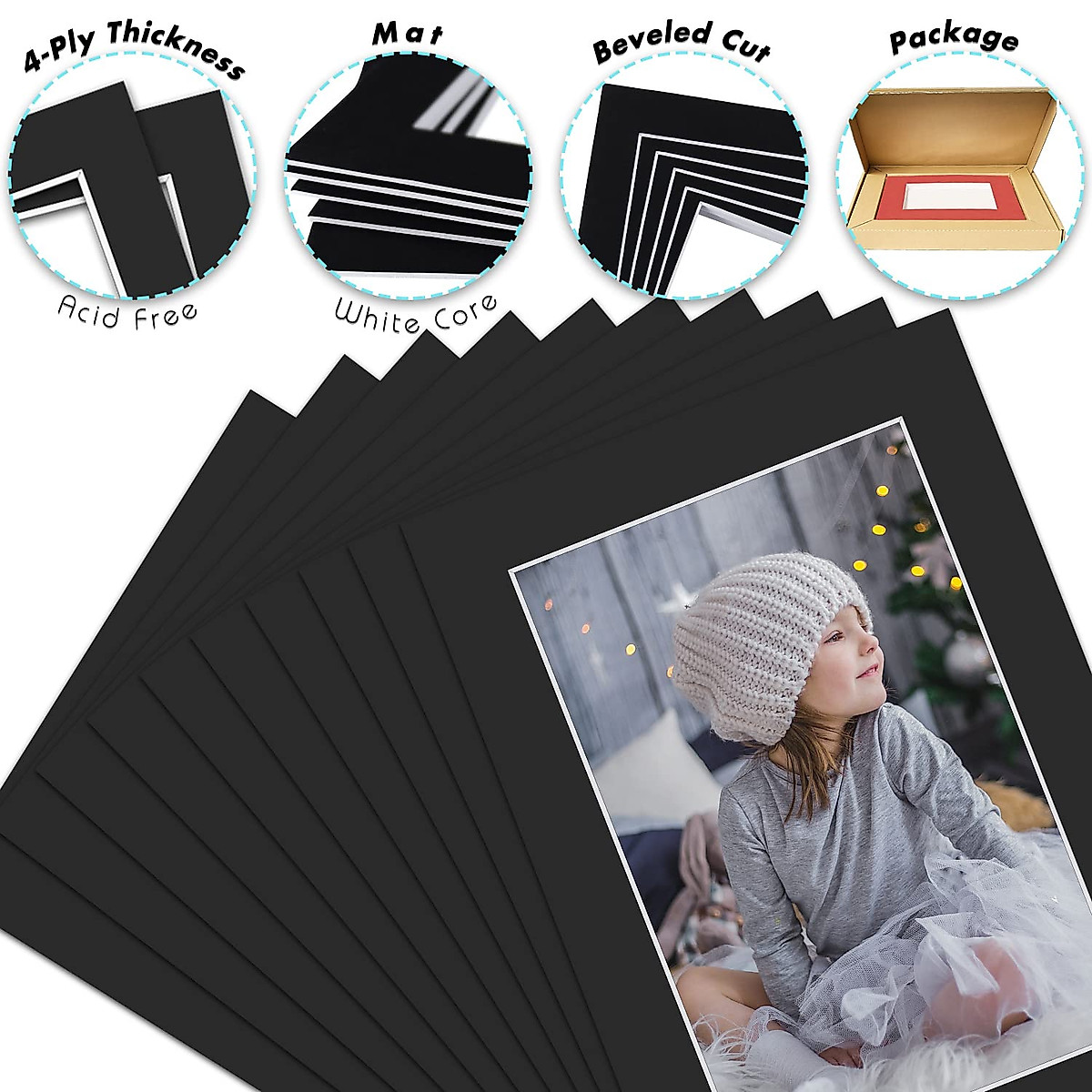 Golden State Art Pack of 25, Acid-Free Black Pre-Cut 5x7 Picture Mat for 4x6 Photo with White Core Bevel Cut Frame Mattes