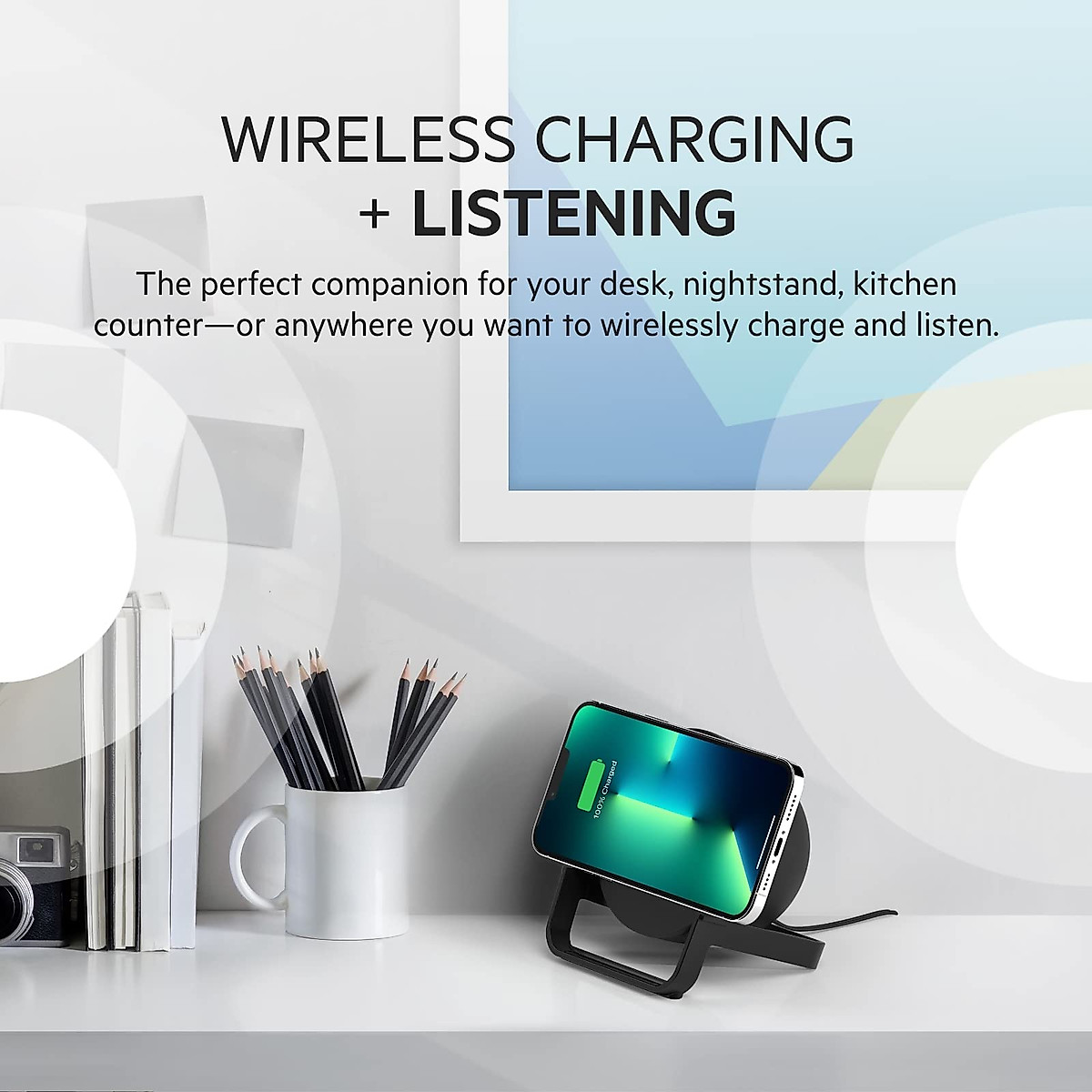 Belkin Quick Charge Wireless Charger + Bluetooth Speaker - Qi-Certified Charger Stand for iPhone, Samsung Galaxy & More - Charge While Listening to Music, Streaming Videos, & Video Calling - Black