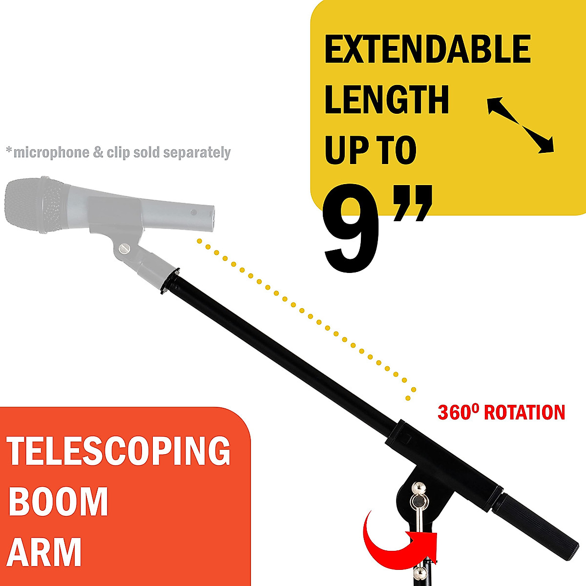 Stage Rocker Foldable Tripod Low-Profile Mic Boom Stand - Height Extending from 9.6'' to 16.9'', w/Adjustable Telescoping Arm Up to 9'', Lightweight/Convenient, Black, Powered by Hamilton(SR610121B)