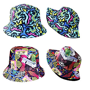 6 Pack Retro 80s 90s Bucket Hats for Men Women, Funny Retro Party Hats, Vintage Print Fisherman Hats for Disco Hip hop Party, Unisex Reversible Portable Hat Outdoor Fashion Sun Cap Colorful