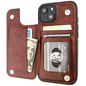 ONETOP Compatible with iPhone 14 Wallet Case with Card Holder, PU Leather Kickstand Card Slots Case, Double Magnetic Clasp and Durable Shockproof Cover 6.1 Inch (Brown)