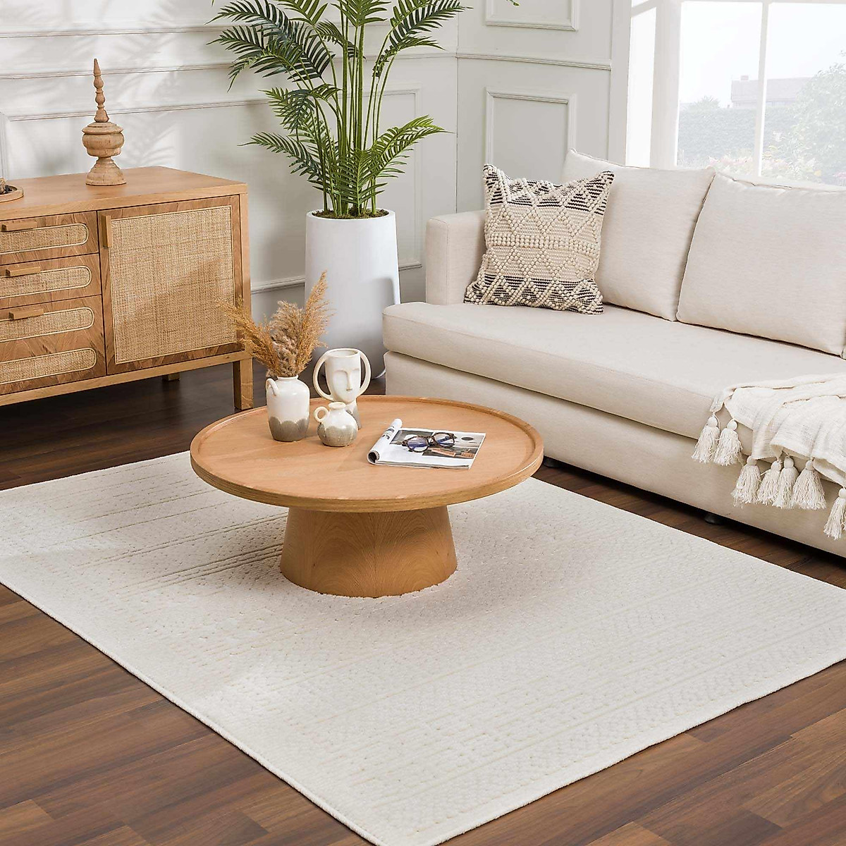 Hauteloom Bahar Living Room, Bedroom Machine Washable Area Rug - Bohemian Modern Farmhouse - Moroccan Transitional - White, Off White, Light Cream - 7'10" x 10'1"