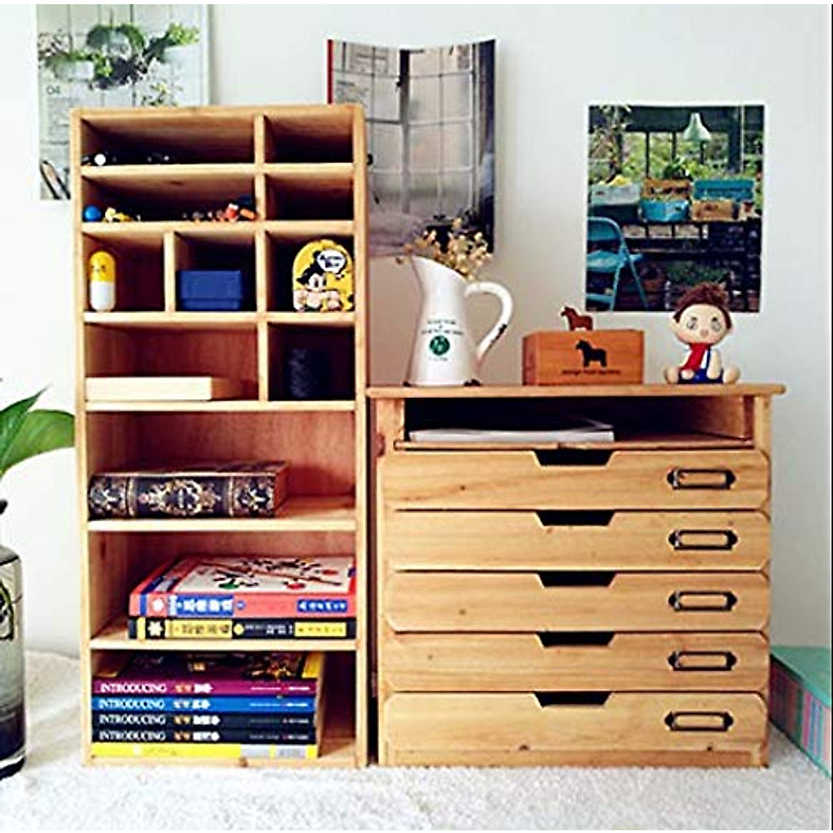 5 Flat Drawer Organizer for Home or Office Desk - Wooden Chest of Drawers - File Organizer with Drawers & 1 Paper Tray Slot - Desk Organizer w/ Storage Drawers & Label Holders - Wood File Box