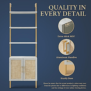 OAKHAM HOME 5 Tier Book Shelf, 73" Tall Bookshelf with Storage, Modern Bookcase with Shelves, Wall Mount Ladder Shelf with Steel Frame, Bookshelves with Rattan Cabinet for Living Room (Pale Oak)