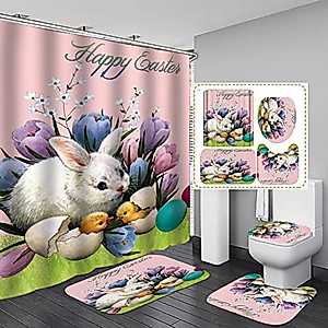 Jlong 4 Pcs Easter Shower Curtain Set with Non-Slip Rugs, Toilet Lid Cover and Bath Mat, Funny Rabbit Happy Easter Colorful Eggs Decoration Waterproof Fabric Shower Curtain for Bathroom with 12 Hooks