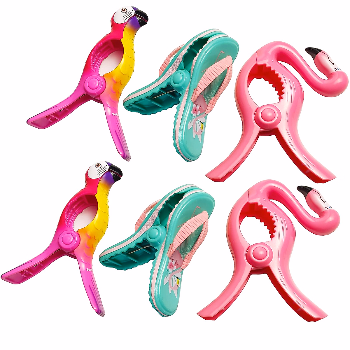 6 Pieces Beach Towel Clips, Flip Flop Towel Holders, Flamingo Chair Clips, Parrot Clips, Clothes Pins in Prefect Size for Pool Loungers Blanket