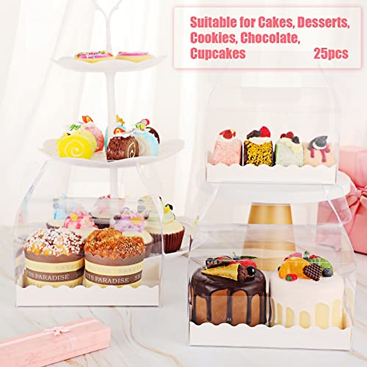 25 Pack Clear Gable Bakery Gift Boxes with Cardboard Candy Treat Gift Box Gable Boxes Clear Boxes for Favors Treat Party Cookie Pastry Cupcake Dessert Birthday Christmas Birthday, 6.3 x 3.6 x 3.6 Inch