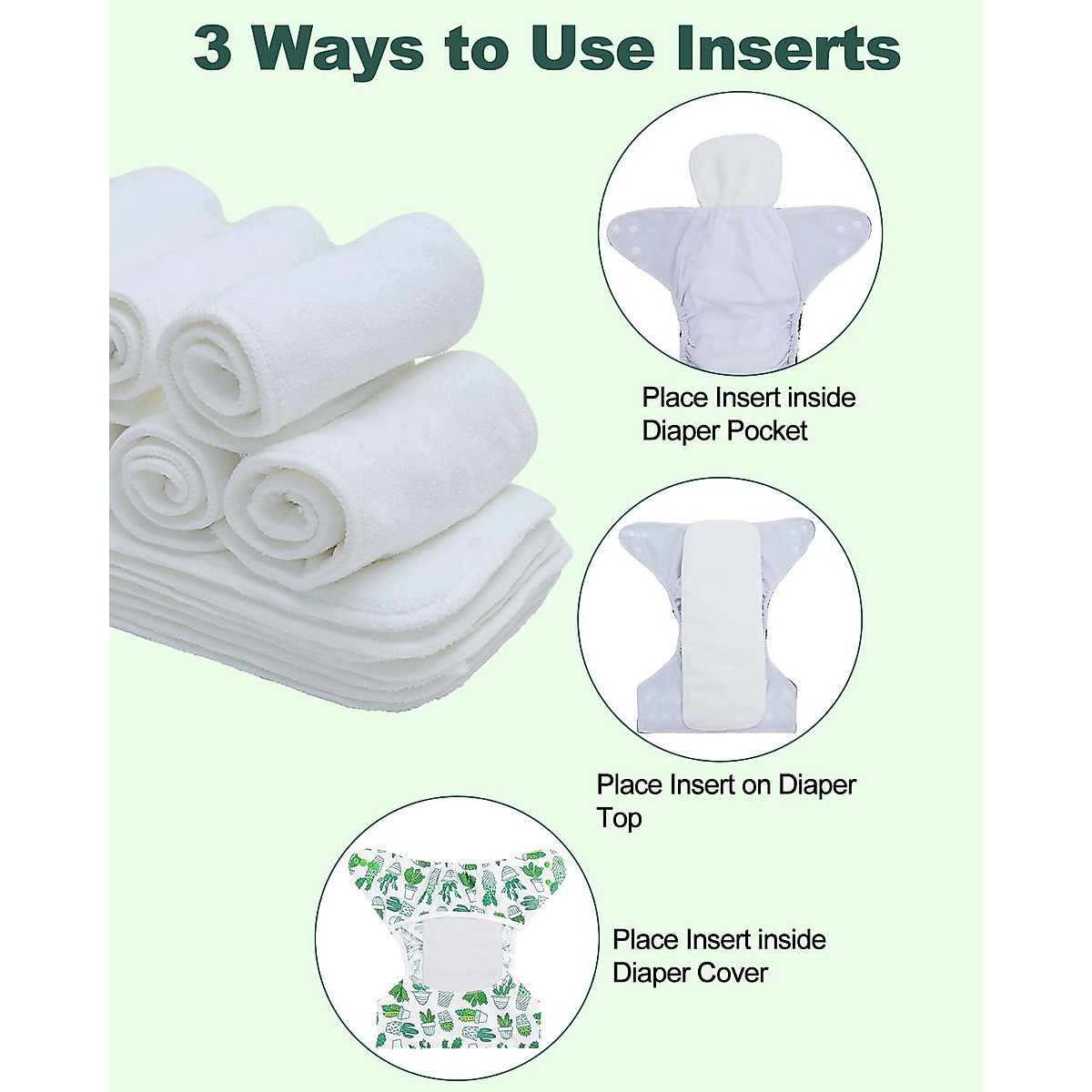 Babygoal Reusable Cloth Diaper Inserts Pack of 12, Absorbent & Breathable Liners, 3-Layer Microfiber Inserts for Cloth Diapers 12T