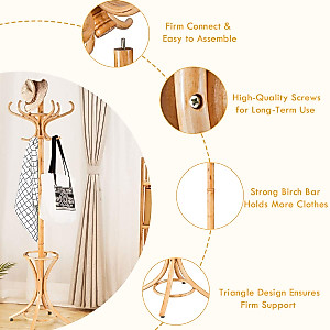 Tangkula 75.5" Standing Coat Rack, Wood Coat Tree with 12 Hooks, Home Hat Jacket Hanger Tree 12 with Umbrella Holder Coat Stand (Oak)