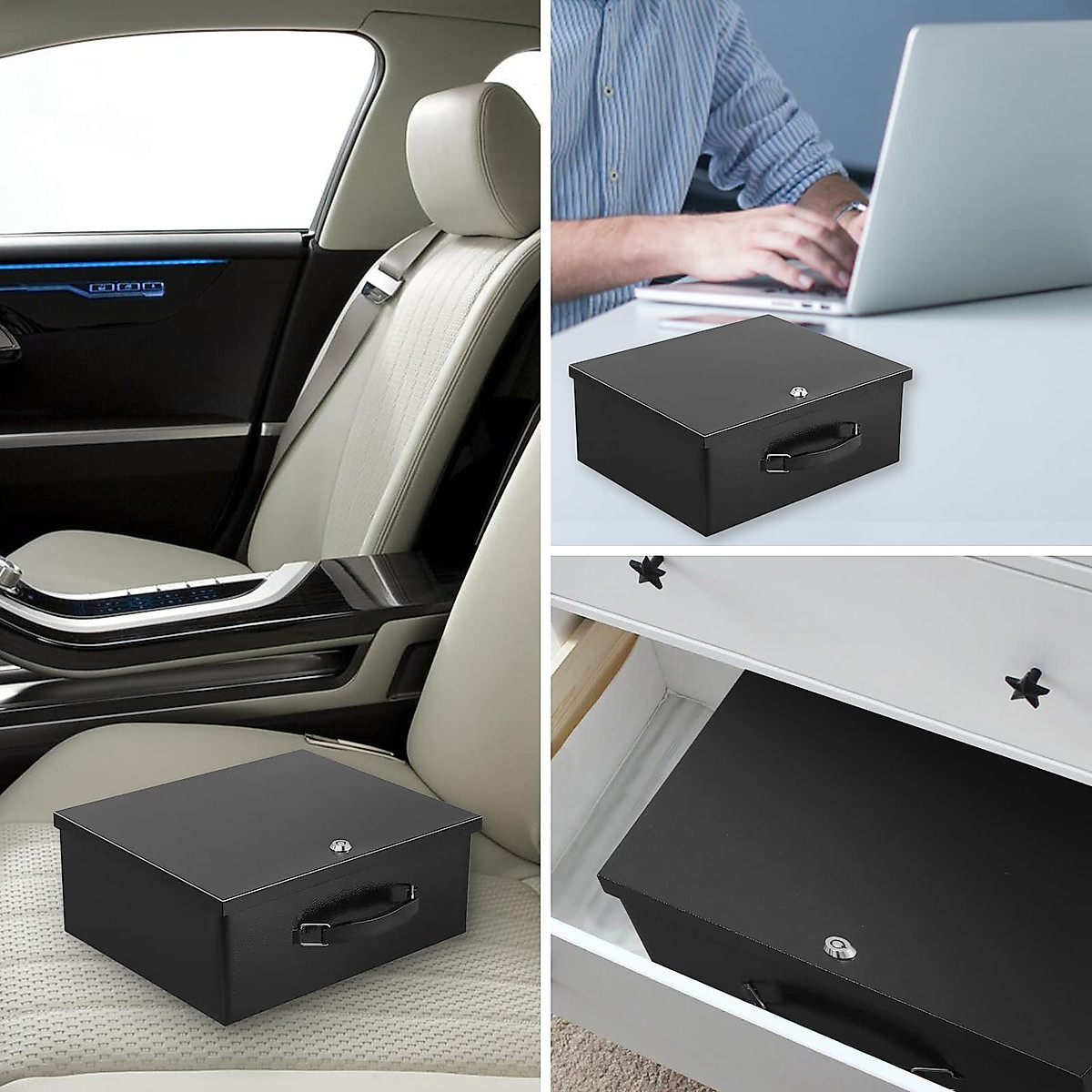 Dalmbox Portable Metal Safe Box with Key Lock - Fire Resistant Storage for Documents, Car, Home and Outside - X Large 13.2"x 11"x 5.1" Black Box