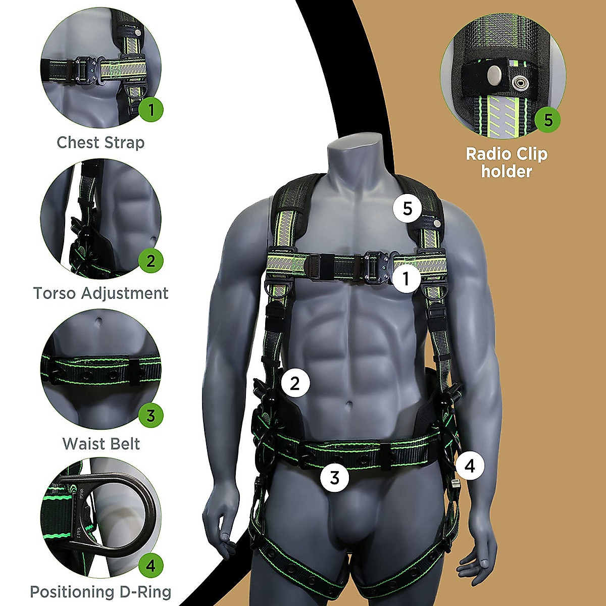 AFP Fall Protection Premium Reflective Black Safety Harness w/Hi-Viz Lime, Vented & Padded Shoulder, Legs and Back, 8” Thick Back Support Belt, 3 D-Rings, Tongue Buckle, Quick Release (OSHA/ANSI PPE)