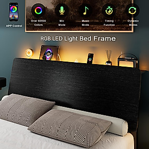 Einhomn Queen Size Metal Bed Frame with LED Lights & Charging Station, Ergonomic Platform Bed with Wooden Storage Headboard, Heavy-Duty Metal Base, 12" UnderBed Storage, No Box Spring Needed, Black