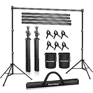 Aureday Backdrop Stand, 10FT Adjustable Photo Backdrop Stand for Parties, Heavy Duty Background Stand with Travel Bag, 6 Backdrop Clamps, 4 Crossbars, 2 Sandbags for Wedding/Decorations/Photoshoot