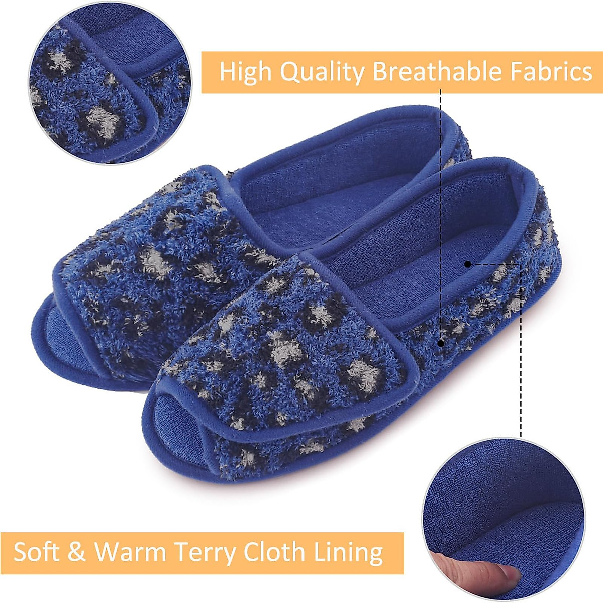 Git-up Diabetic Slippers for Women Memory Foam Arthritis Edema Adjustable Open Toe Swollen Feet Slippers Bedroom House Indoor Outdoor Shoes with Rubber Sole US/10 BLUE LEOPARD