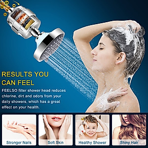 Shower Head and 15 Stage Shower Filter Combo, FEELSO High Pressure 5 Spray Settings Filtered Showerhead with Water Softener Filter Cartridge for Hard Water Remove Chlorine and Harmful Substances
