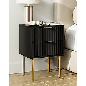 AEPOALUA Nightstand,Small Bedside Table with Gold Frame,White Night Stand,Bedside Furniture,Side Table with Drawer and Shelf for Bedroom,Living Room (Mid-Century-Stripe, Black.)