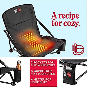 POP The Hot Seat, Heated Lightweight Folding Low Beach Chair, 2 Zipper Pockets, Padded Armrests, Portable with Carry Bag, Perfect for Camping, Beach, Soccer and Lawns. (Battery NOT Included)