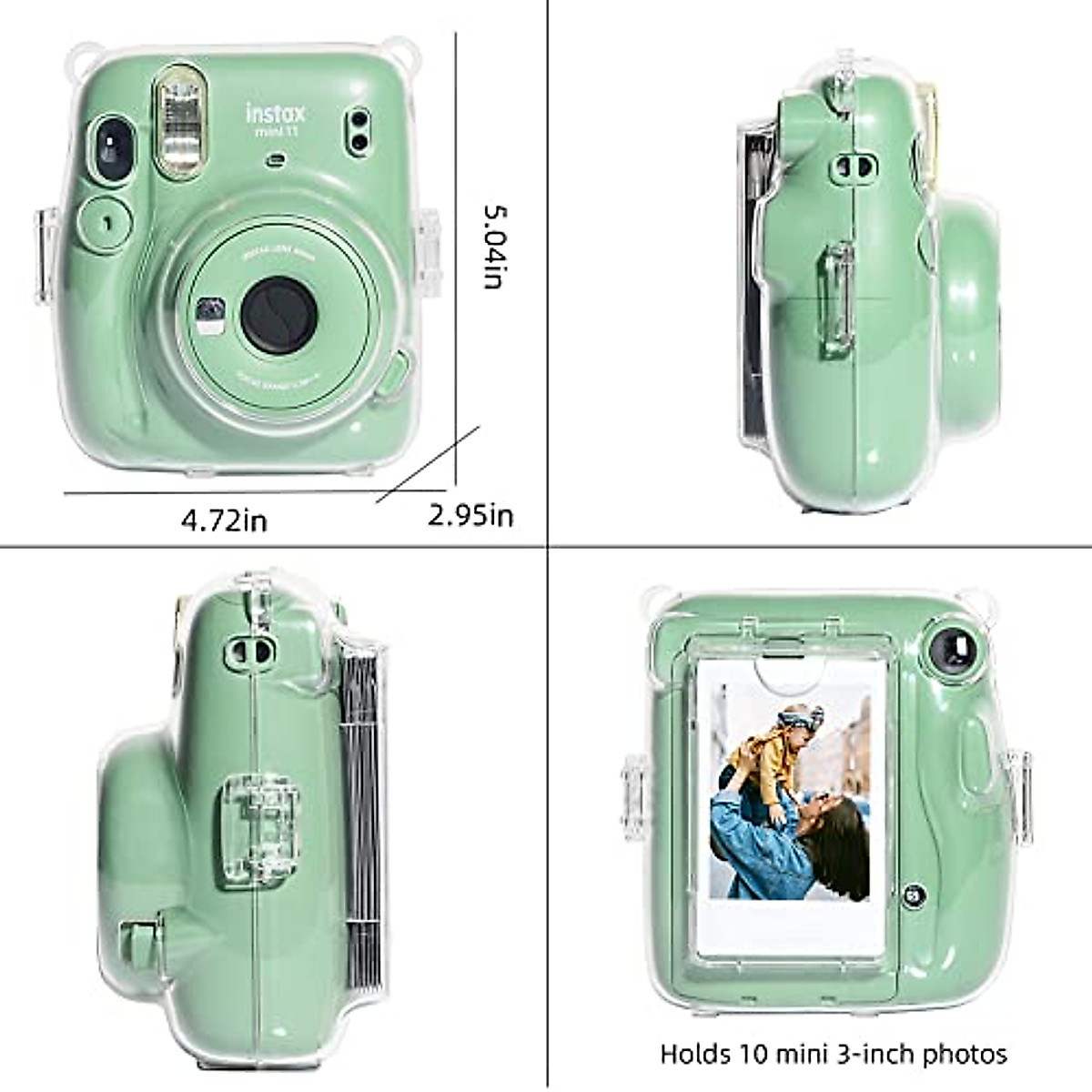 WOGOZAN Clear Case for Fujifilm Instax Mini 11 Instant Film Camera with Upgraded Photo Pocket Holds 10 Films on Back and Adjustable Strap (Clear)