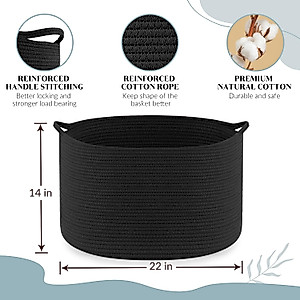 Blanket Basket Living Room, Cotton Rope Basket for Storage, Maliton Woven Extra Large Basket, 22" x 14" Nursery Laundry Basket with Handles, Toy Storage Basket Bin for Baby and Pet, Black