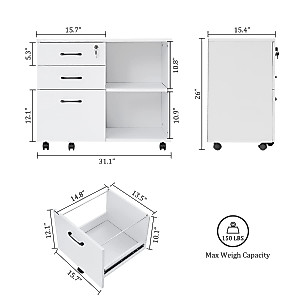 Wood File Cabinet, 3 Drawer Mobile Lateral Filing Cabinet On Wheels, Printer Stand with Open Storage Shelves for Home Office(White)