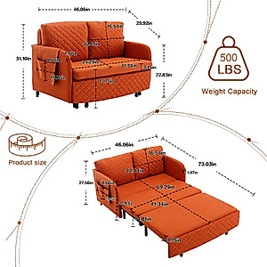 Pull Out Futon Sofa Bed, Convertible Small Loveseat Sleeper with Storage Drawer, 3 in 1 Futon Couch with Removable Pocket and 2 Pillows, Modern Love Seat for Living Room, Guest Room, Deep Orange