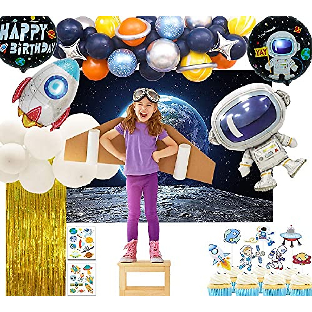 Outer Space Theme Birthday Party Decorations Happy Birthday Banner Balloons Tattoo Stickers Cake Toppers For Birthday Party, Boys Party, Astronaut Party Supplies