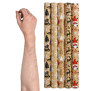 KIMOBER 5 Rolls Christmas Wrapping Paper,Brown Kraft Paper with Xmas Elements and Cut Lines on Reverse(17in × 118in Per Roll)
