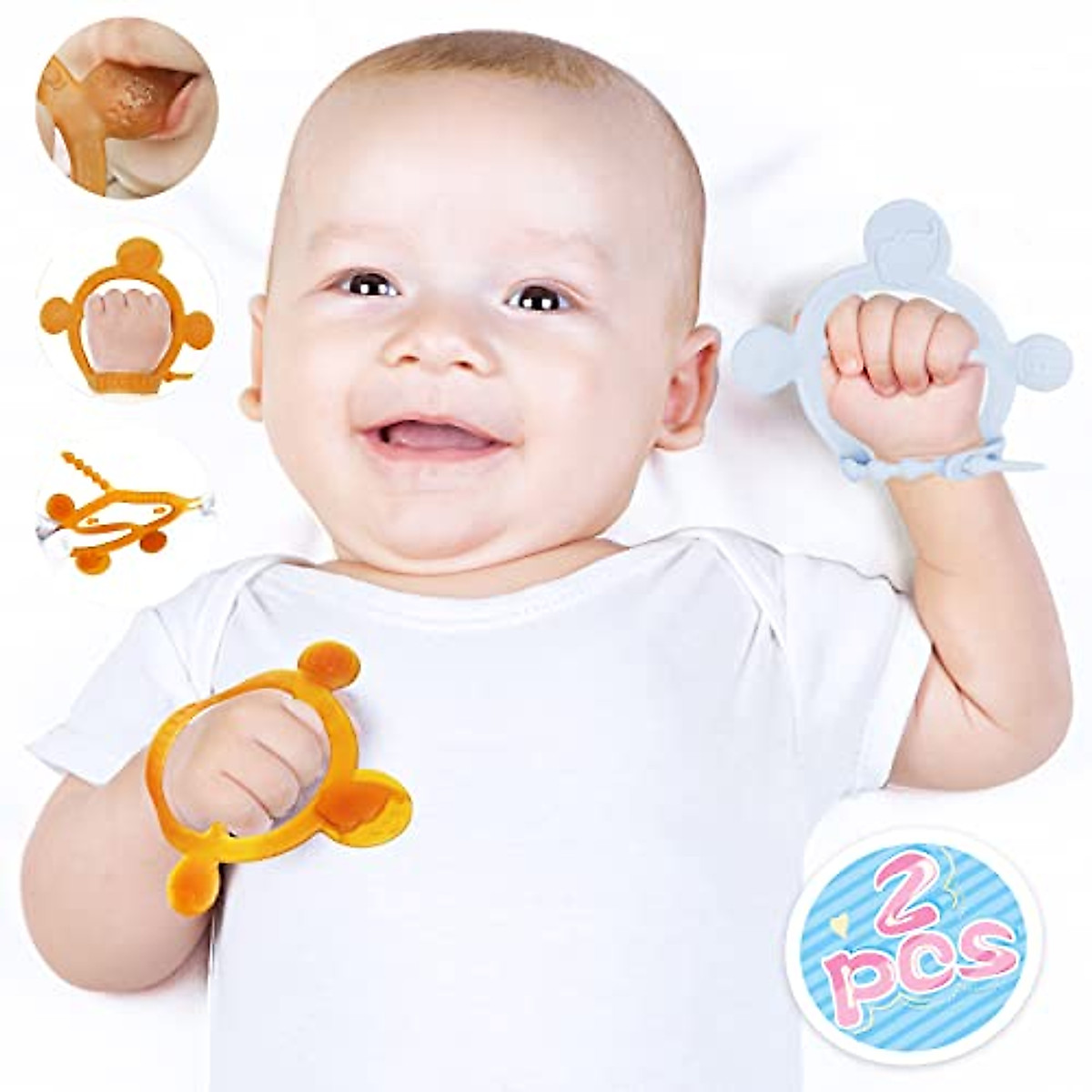 【Never Drop from Hand】 HEORSHE 2 Pack Baby Teething Toys for Babies 3-6 Months Teethers for Infant Toddlers Silicone Molars Adjustable Chew Toys for Babies 3 4 5 6 7 8 9 10 11 12 Months (Brown + Blue)