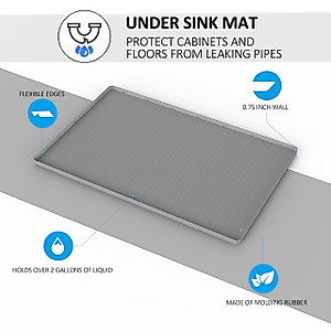 Dryvovol Under Sink Mat for Kitchen & Laundry Cabinets, Waterproof 34" x 22" Silicone Under Sink Tray with Drain Hole, Bathroom Cabinet Mat Protector for Drips Leaks Spills(Grey)