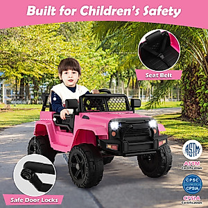 Costzon Ride on Car, 12V Battery Powered Electric Vehicle w/Parent Remote Control, Spring Suspension, Storage, 3 Speeds, LED Light, MP3, Music, USB & AUX Port, Safety Belt, Kids 4 Wheeler Truck, Pink